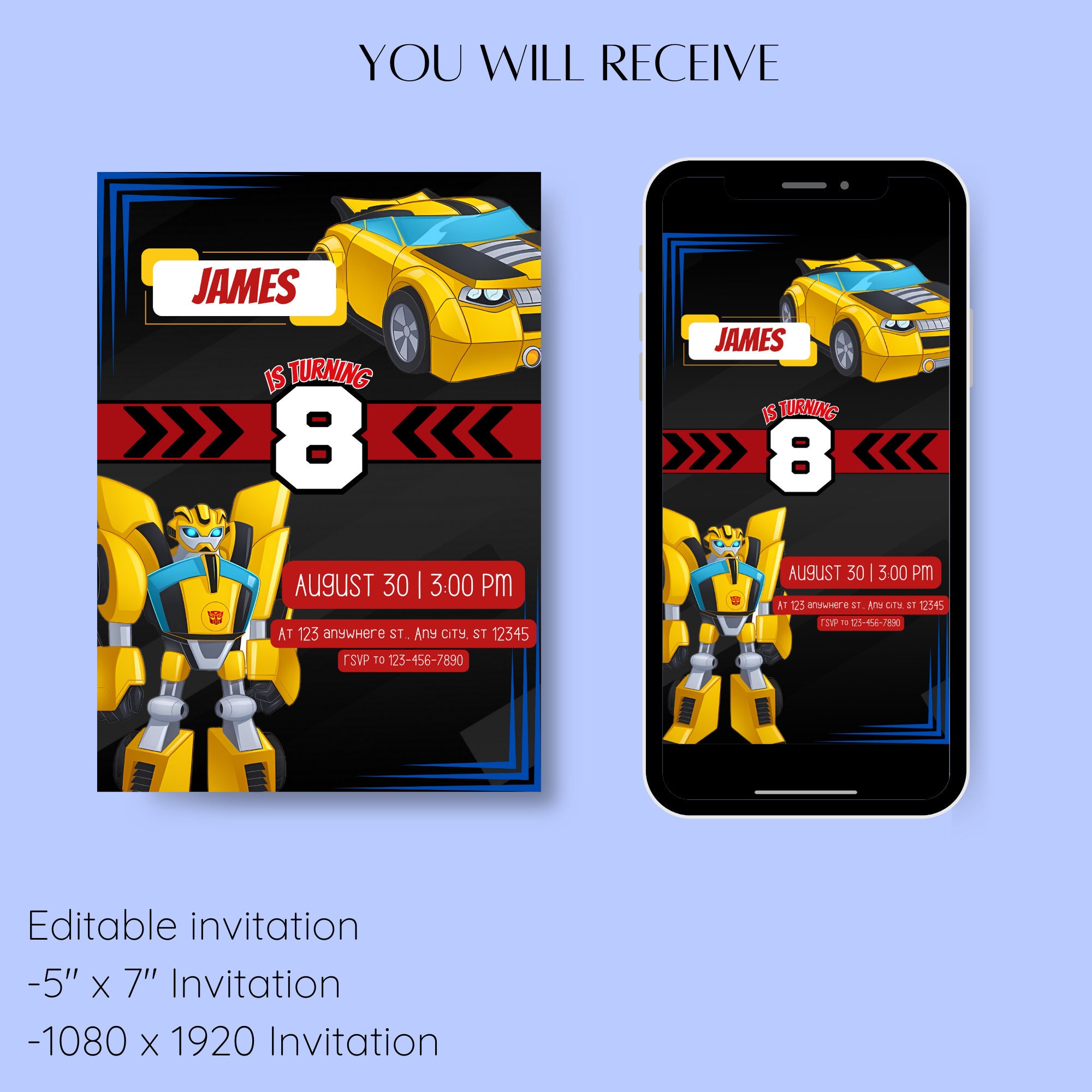 Bumblebee Birthday Invitation Template | Transformers Invite | Bots ...