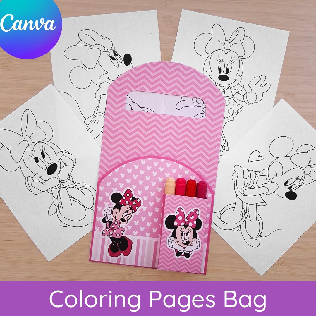 Minnie Mouse Coloring Pages Bag | Printable Party Favor (canva Template ...