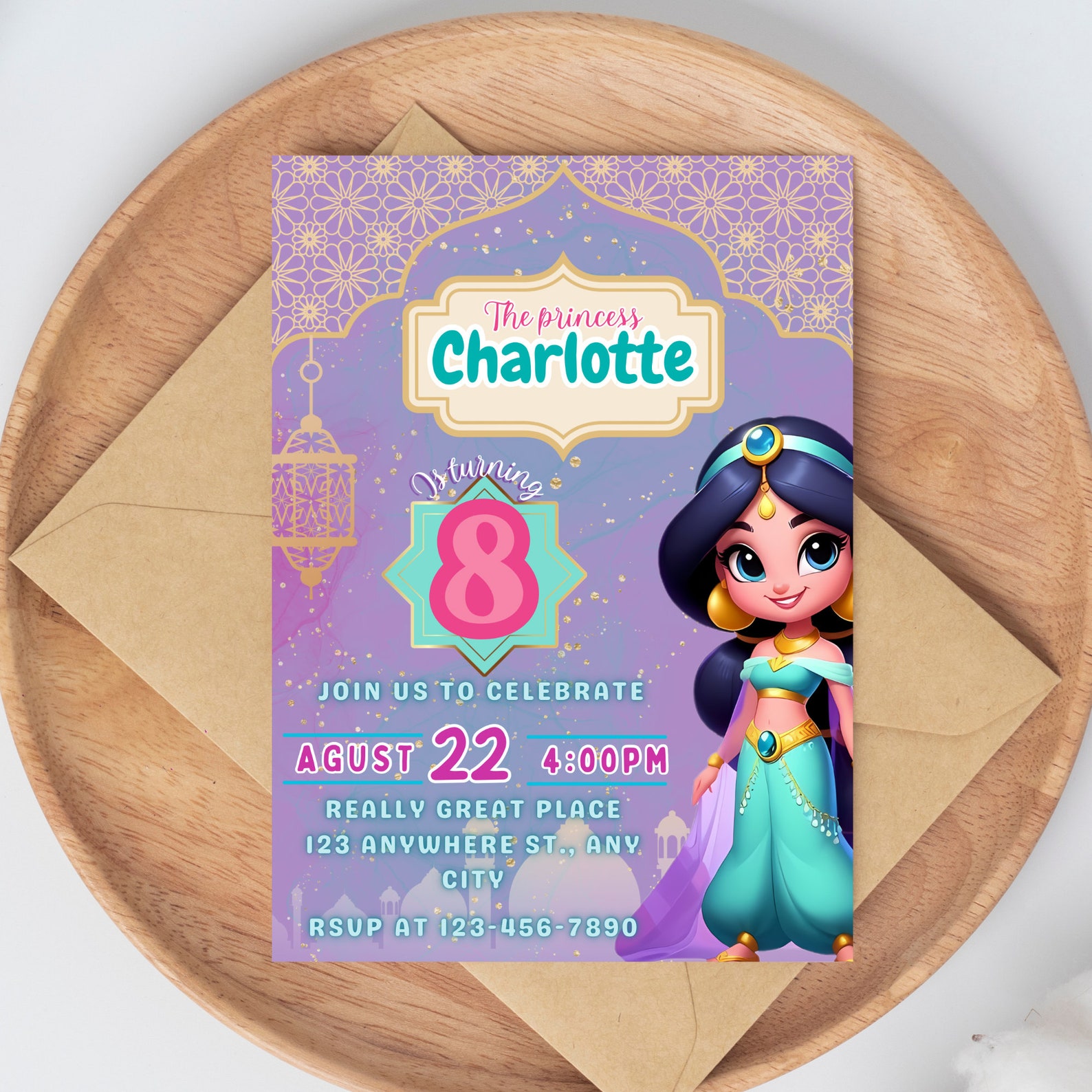 Princess Jasmine Birthday Invitation Template | Editable Party Invite ...