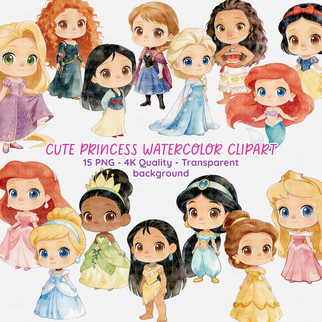 Cute Princesses Watercolor Clipart Bundle | 15 PNG 4K Quality ...