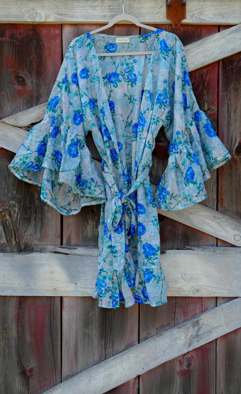 Kimono Robe, Long, Bohemian, 100% Cotton, Hippie, Long Sleeve, Ruffle ...
