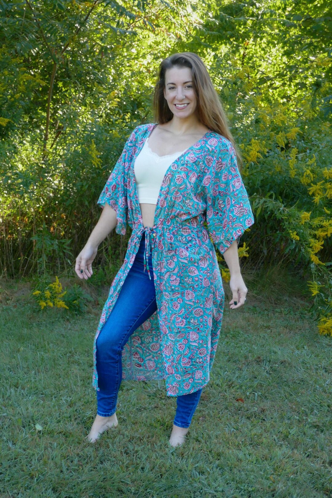 Kimono Robe, Long, Bohemian, 100% Cotton, Hippie, Long Sleeve, Ruffle ...