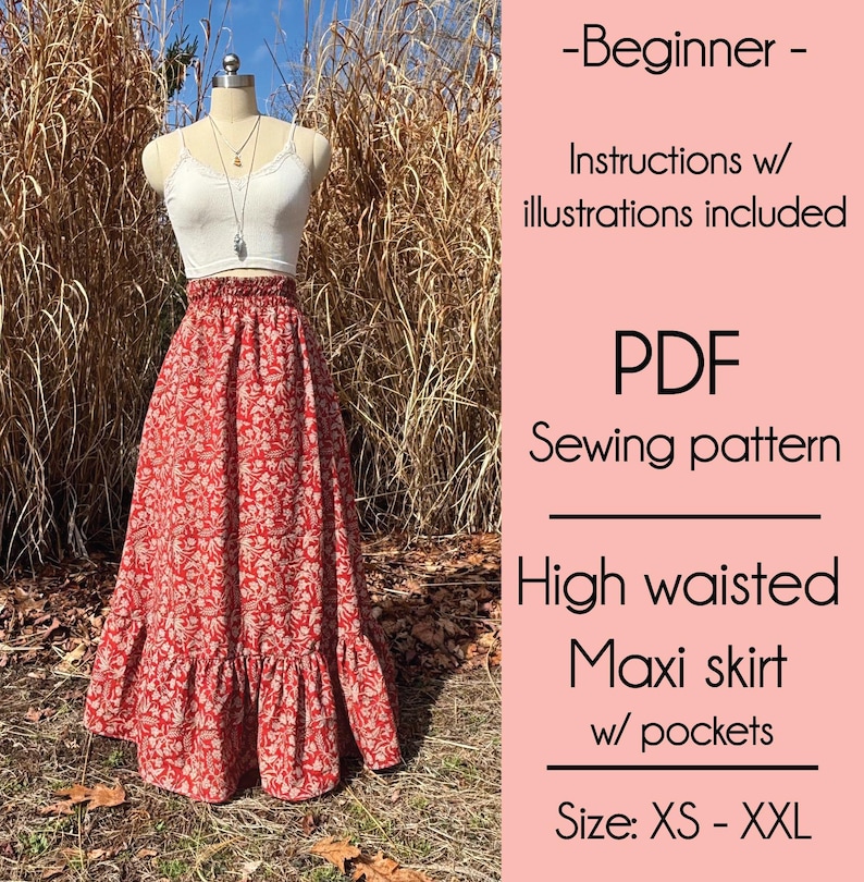 High Waisted Maxi Skirt PDF Sewing Pattern, Pockets, Beginner Sewing ...