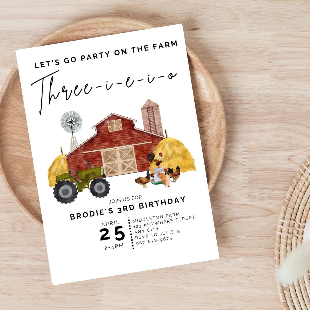 Three-i-e-i-o 3rd Birthday Digital Invite Template-farm Theme - Etsy