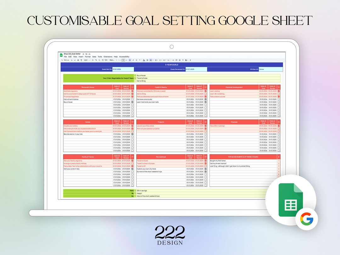 Ultimate Goal Setter Google Spreadsheet Set Your 5 Year Goals and Turn ...