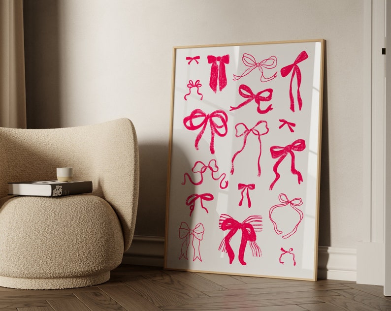 Coquette Room Decor, Balletcore, Pink Red, Ribbon Bow, Vintage, Wall ...