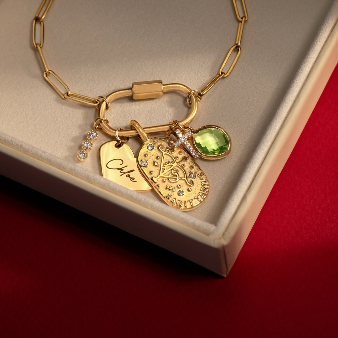 Personalized Gold Charm Bracelet for Women, Carabiner With Paperclip ...