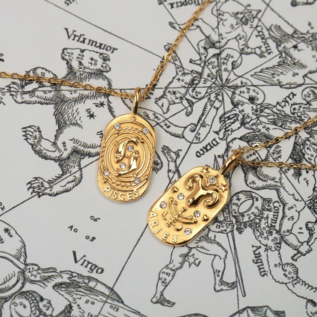 Engravable Gold Zodiac Necklace: Handmade Astrology Jewelry - Etsy