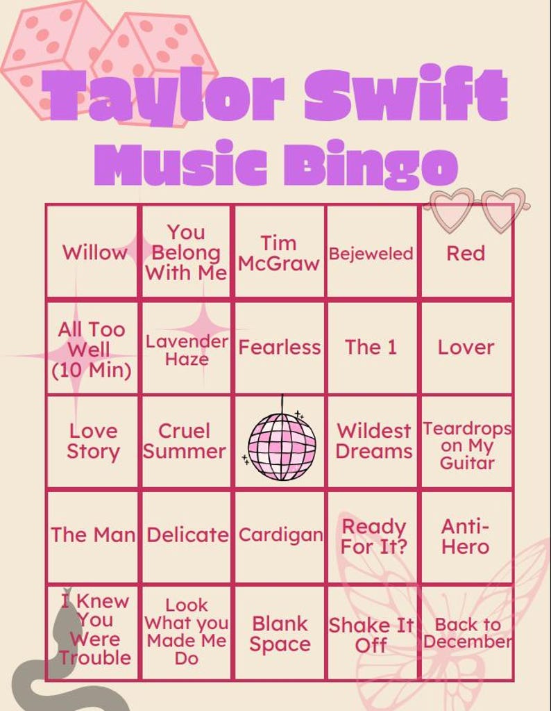 Taylor Swift Bingo Cards – Printable Swiftie Party Game, Life of a ...