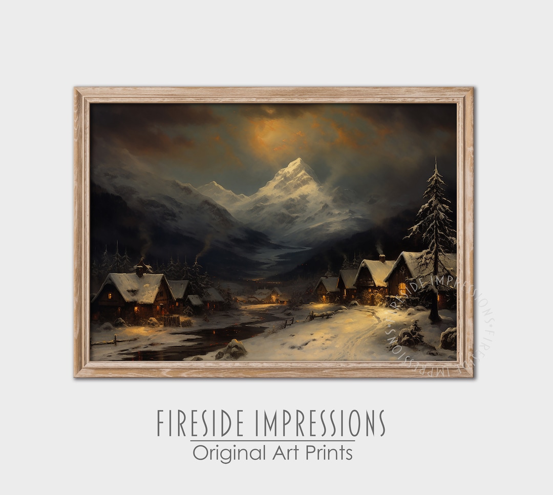 Dark Moody Winter Mountain Village | Atmospheric Digital Art | Rustic ...