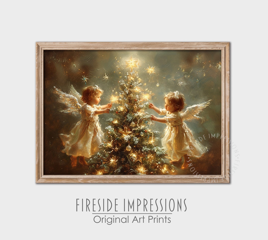 Christmas Angels Decorating Tree Art Print | Whimsical Holiday Artwork ...