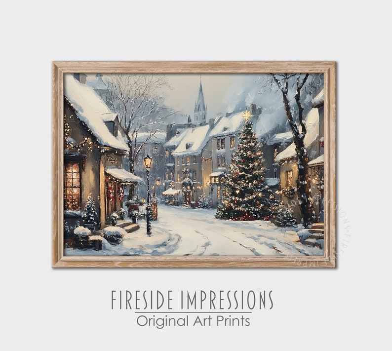 Classic Oil Painting Digital Art Snowy Christmas Village Vintage ...