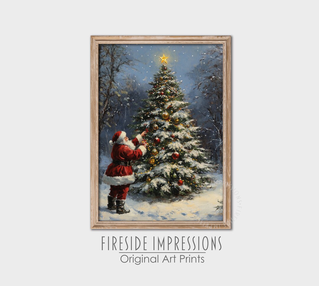 Santa Decorating Christmas Tree Printable Wall Art | Holiday Scene ...