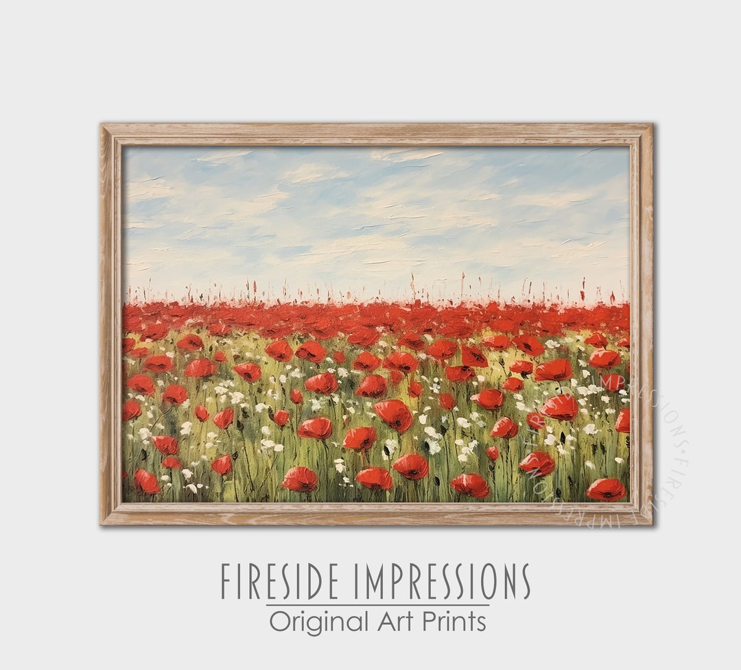 Vintage Oil Painting Poppy Field Print Neutral Antique Wall Art ...