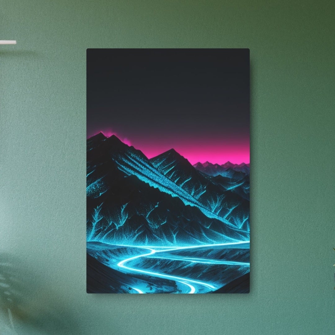 Custom Nature Themed Black and Blue Mountains Metal Poster / Neon ...