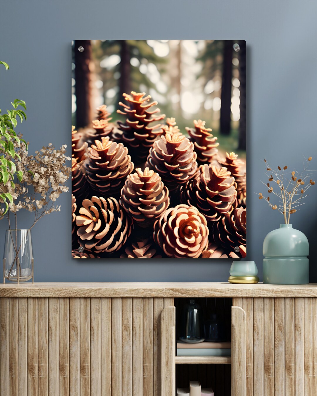 The Pines Glass Poster Custom Wall Panel With Pine Cones and Pine Trees ...