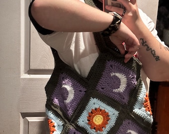 Crochet Sparkling Granny Square Sun and Moon Tote Bag - Etsy