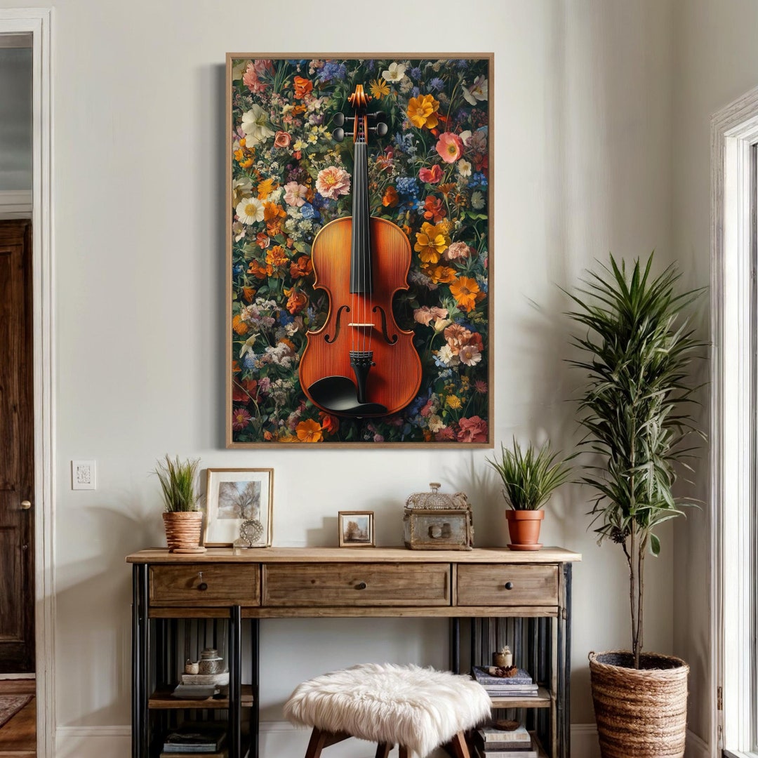 Vintage Elegant Violin Laying on A Bed of Wildflowers Wall Art Canvas ...