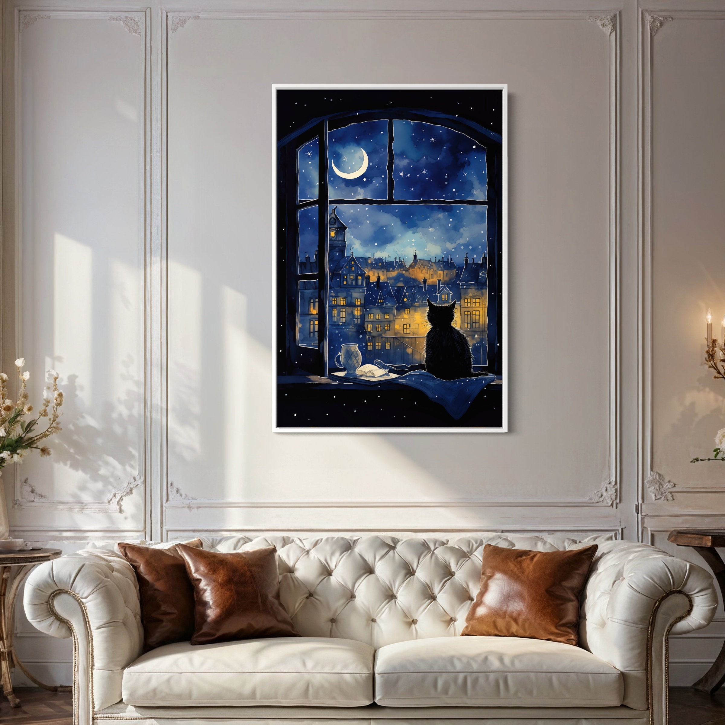 Illustration Painting of A Black Cat Sitting at the Window Starring at ...