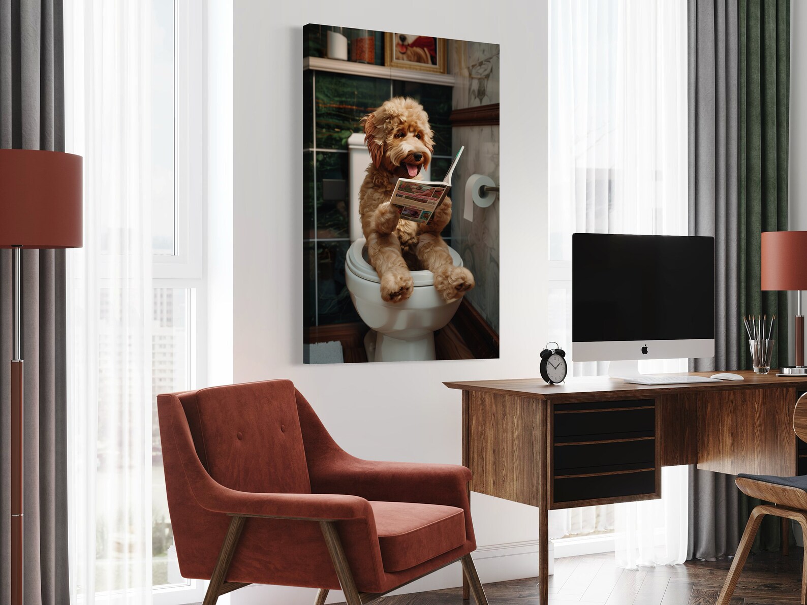 Cockapoo Reading on a Toilet Art Canvas, Dog Sitting on Toilet Wall Art ...