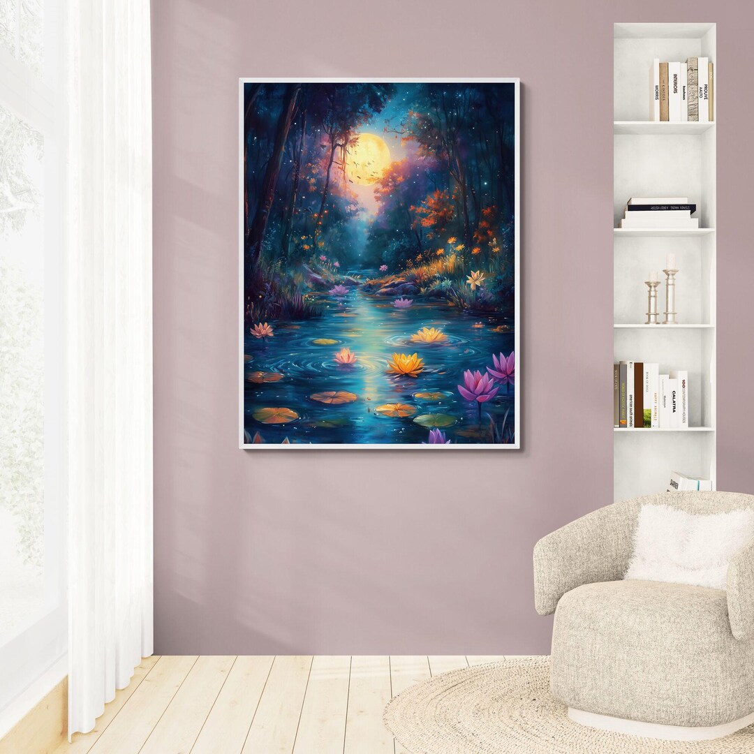 Mystical Full Moon Over Moonlit Pond Wall Art Canvas Print Enchanted ...