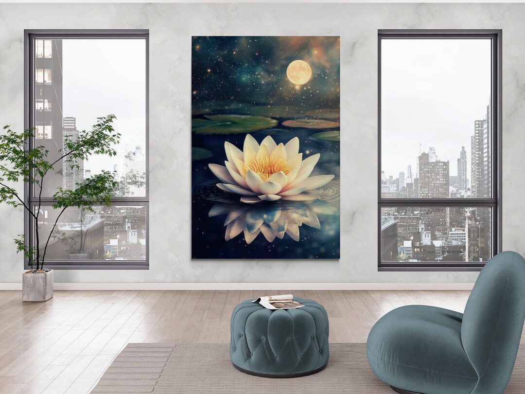 White Lotus Flower Water Reflection Painting With Full Moon by the ...