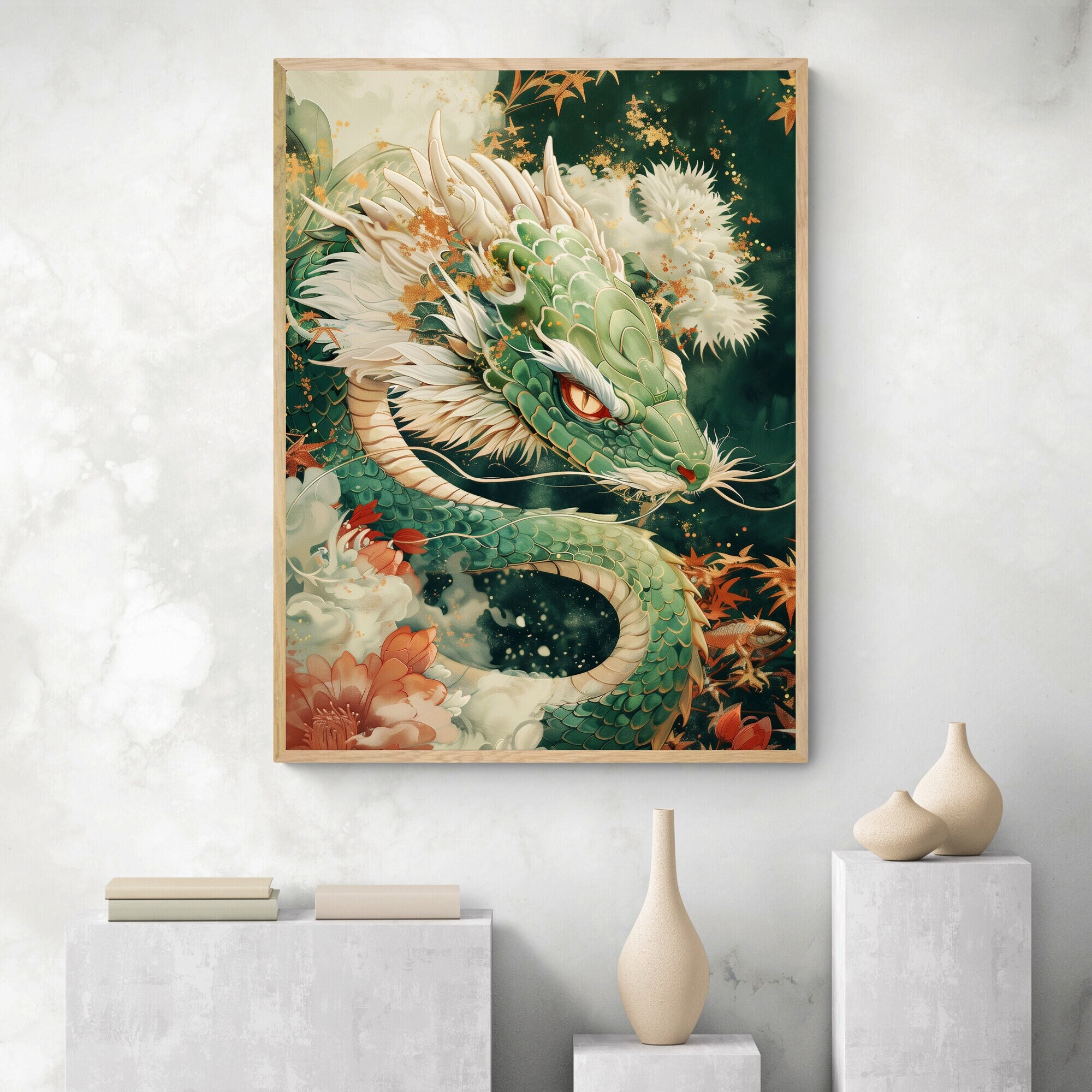 Mythical Majestic Green Serpent Snake Dragon With Orange Floral ...
