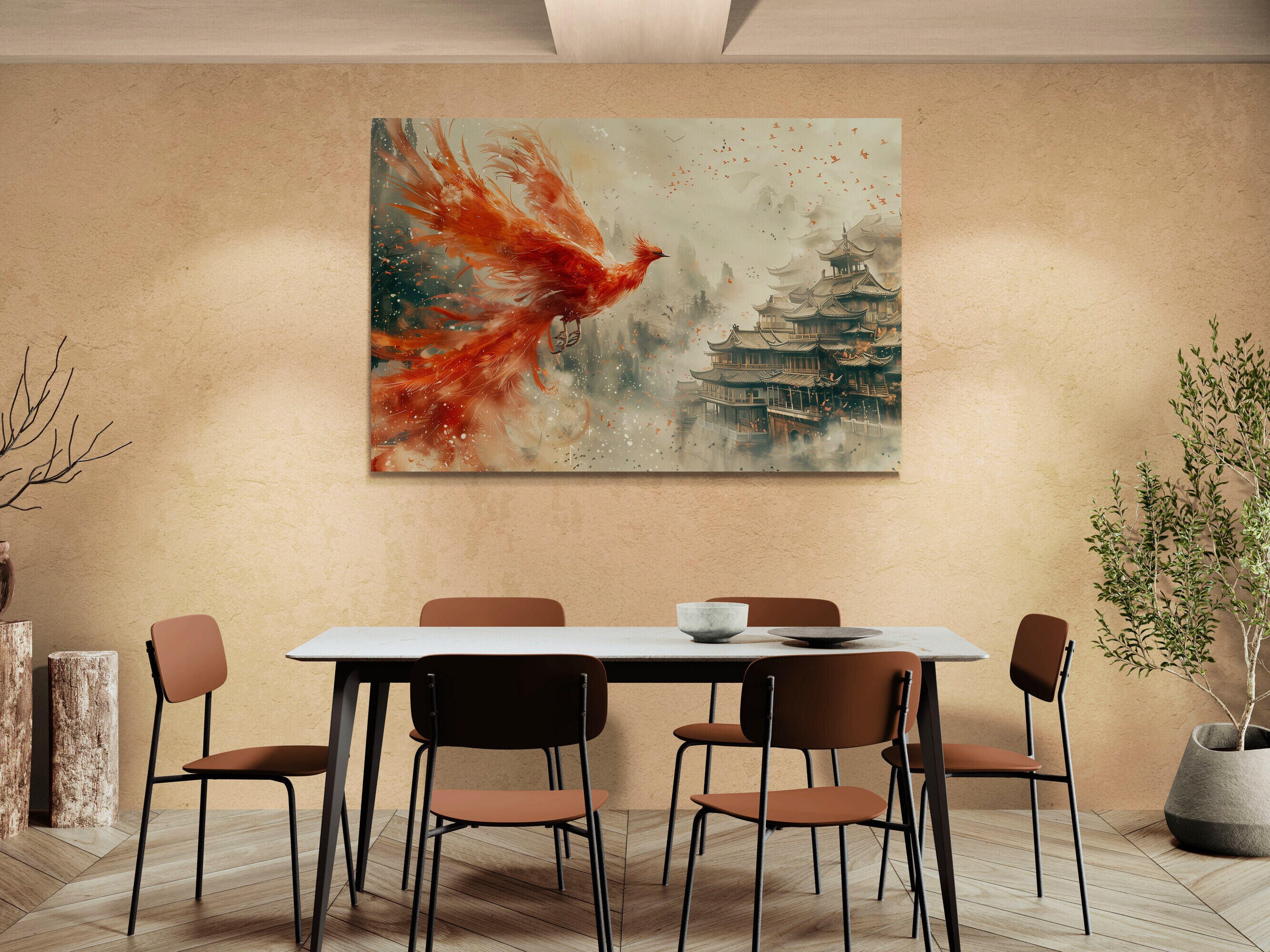 Majestic Fiery Red Phoenix Flying Over Ancient Imperial Palace Wall Art ...