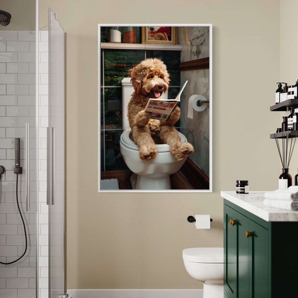 Cockapoo Reading on a Toilet Art Canvas, Dog Sitting on Toilet Wall Art ...
