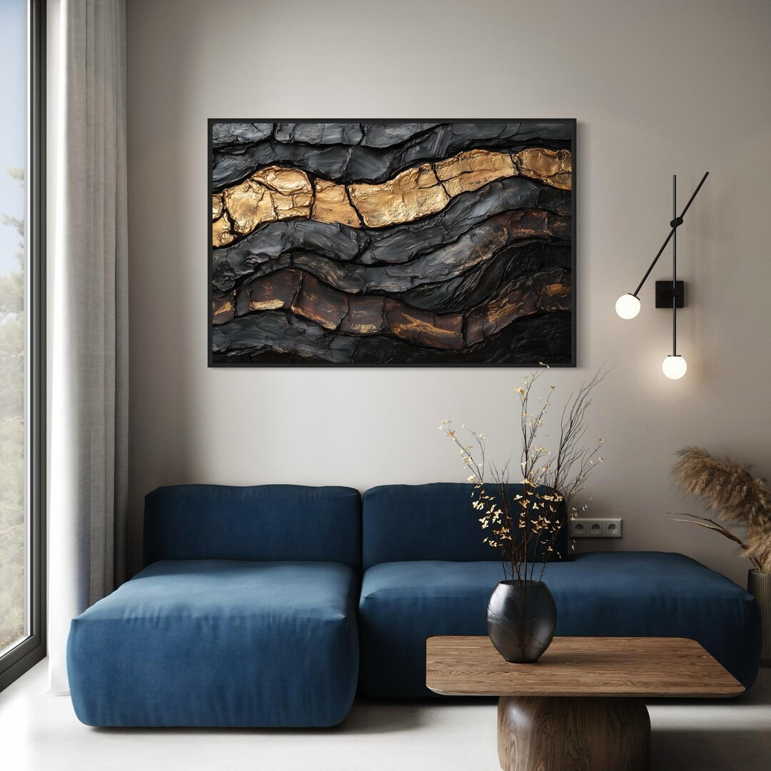 Abstract Metallic Gold & Charcoal Wood Pattern Painting Elegant High ...