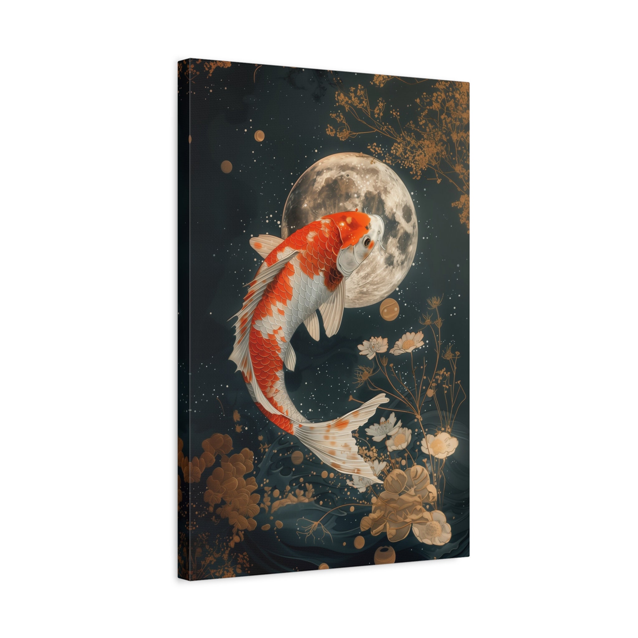 Majestic Koi Fish With Celestial Full Moon and Star With Golden Florals ...