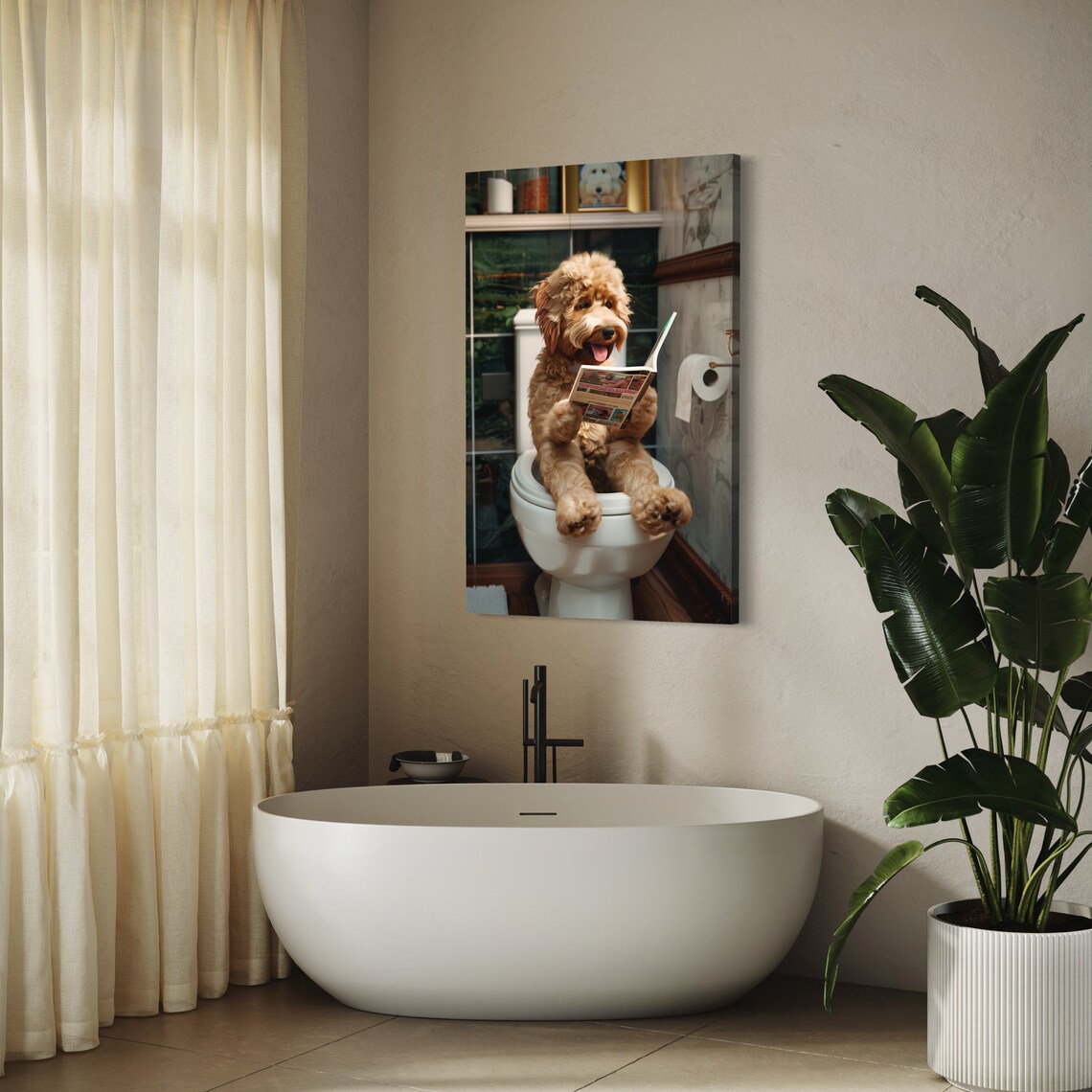 Cockapoo Reading on a Toilet Art Canvas, Dog Sitting on Toilet Wall Art ...