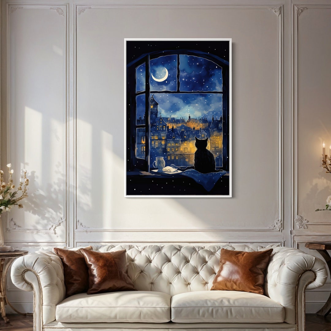 Illustration Painting of A Black Cat Sitting at the Window Starring at ...