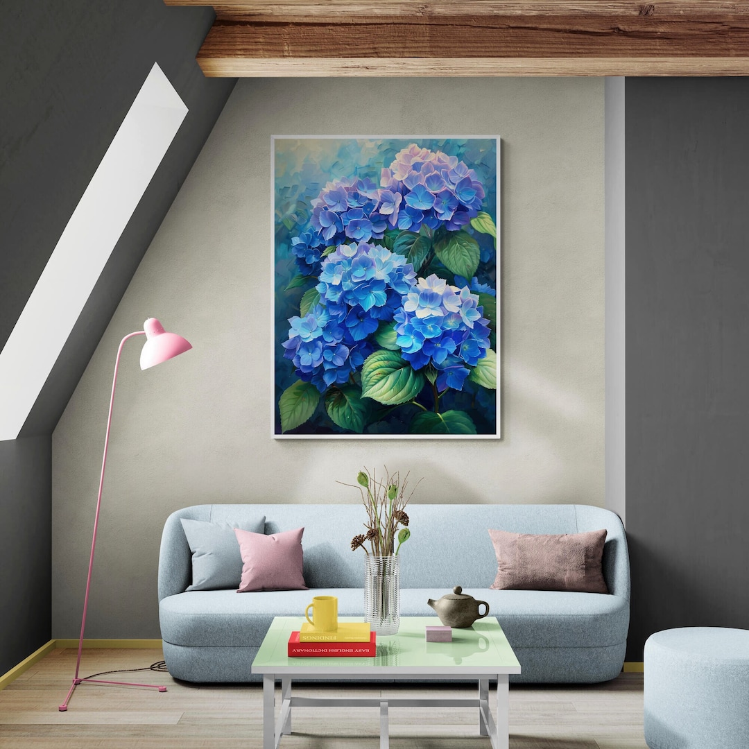 Blue & Purple Hydrangeas Elegant Floral Botanical Illustration Painting ...