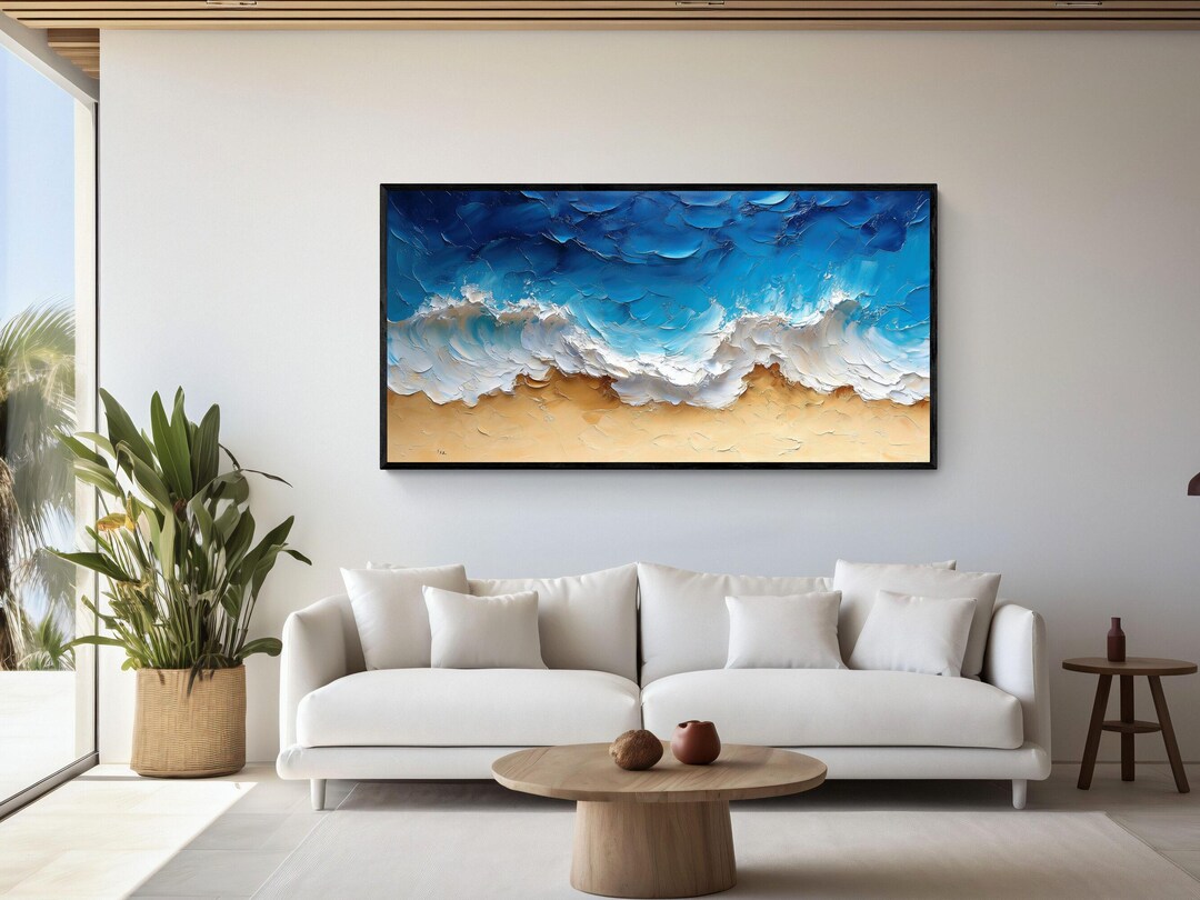 Beach Shore Oil Painting Canvas Print Sky Blue Ocean Waves and Sandy ...