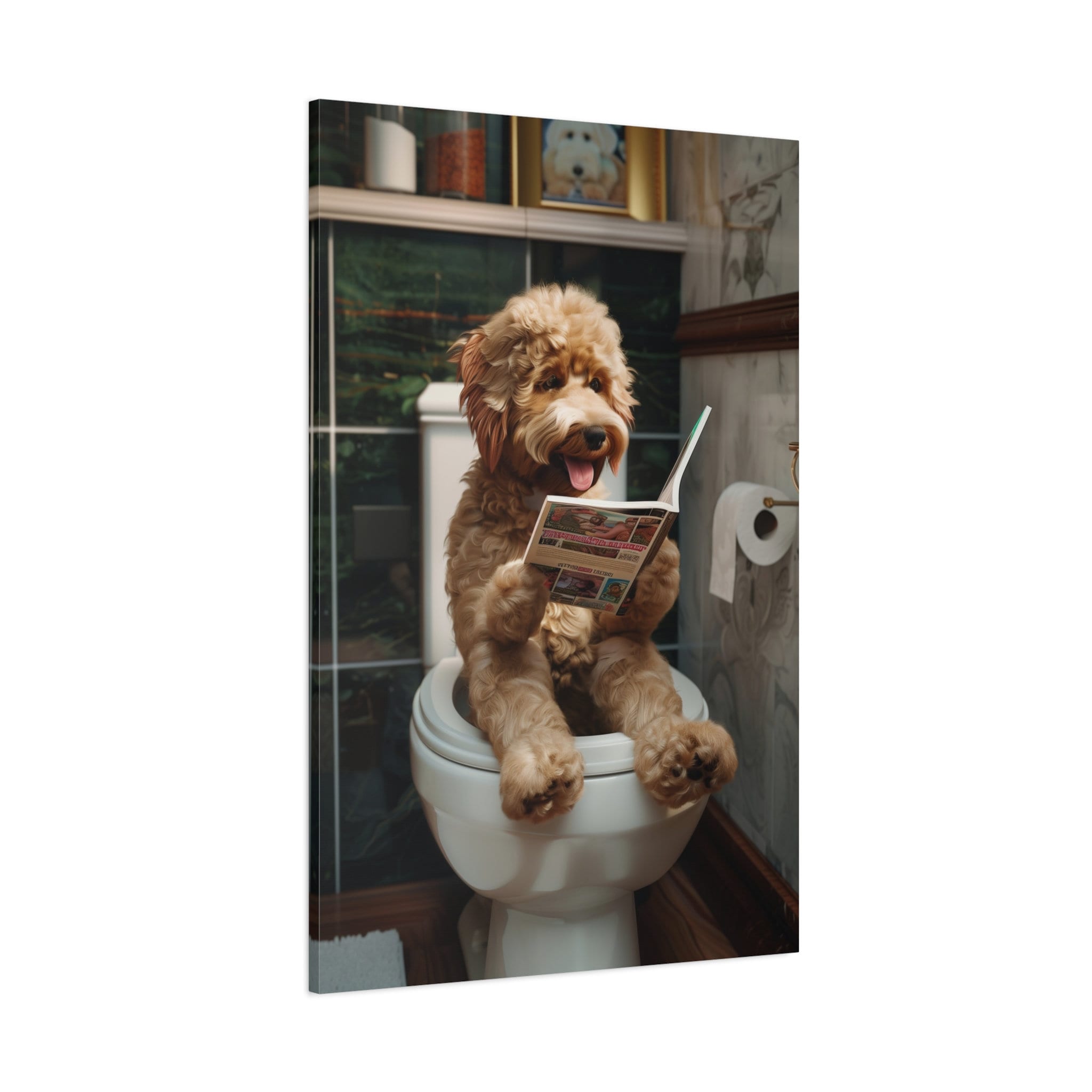 Cockapoo Reading on a Toilet Art Canvas, Dog Sitting on Toilet Wall Art ...