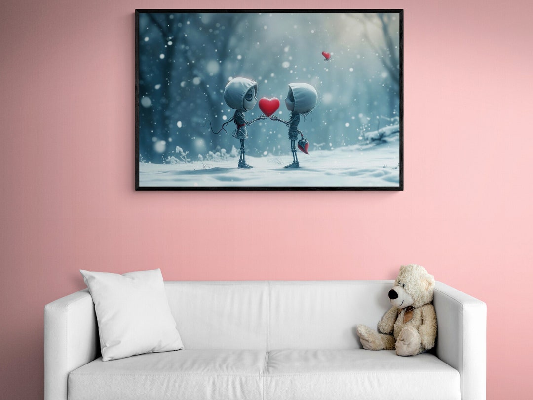 Horror Sci-fi Pixie Robot Holding a Red Heart Together Winter Snow ...