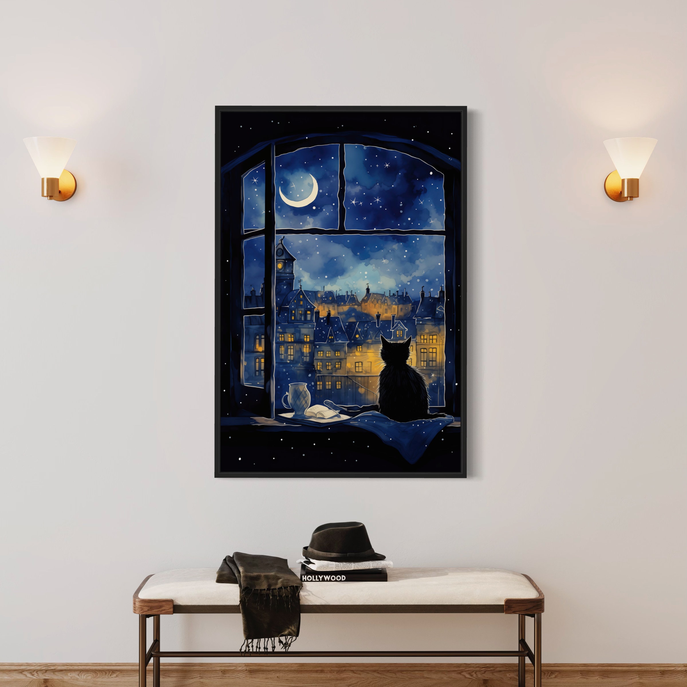 Illustration Painting of A Black Cat Sitting at the Window Starring at ...