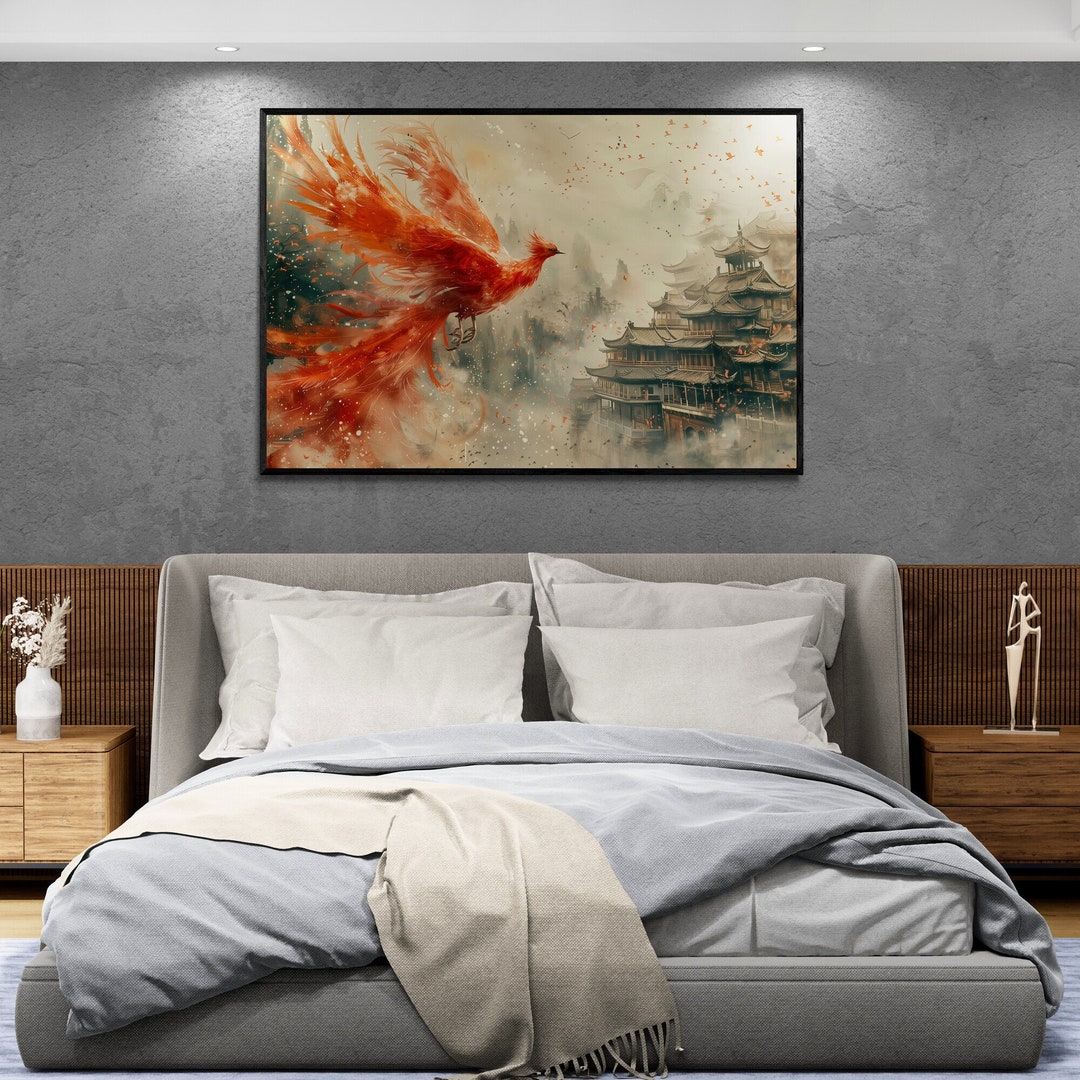 Majestic Fiery Red Phoenix Flying Over Ancient Imperial Palace Wall Art ...