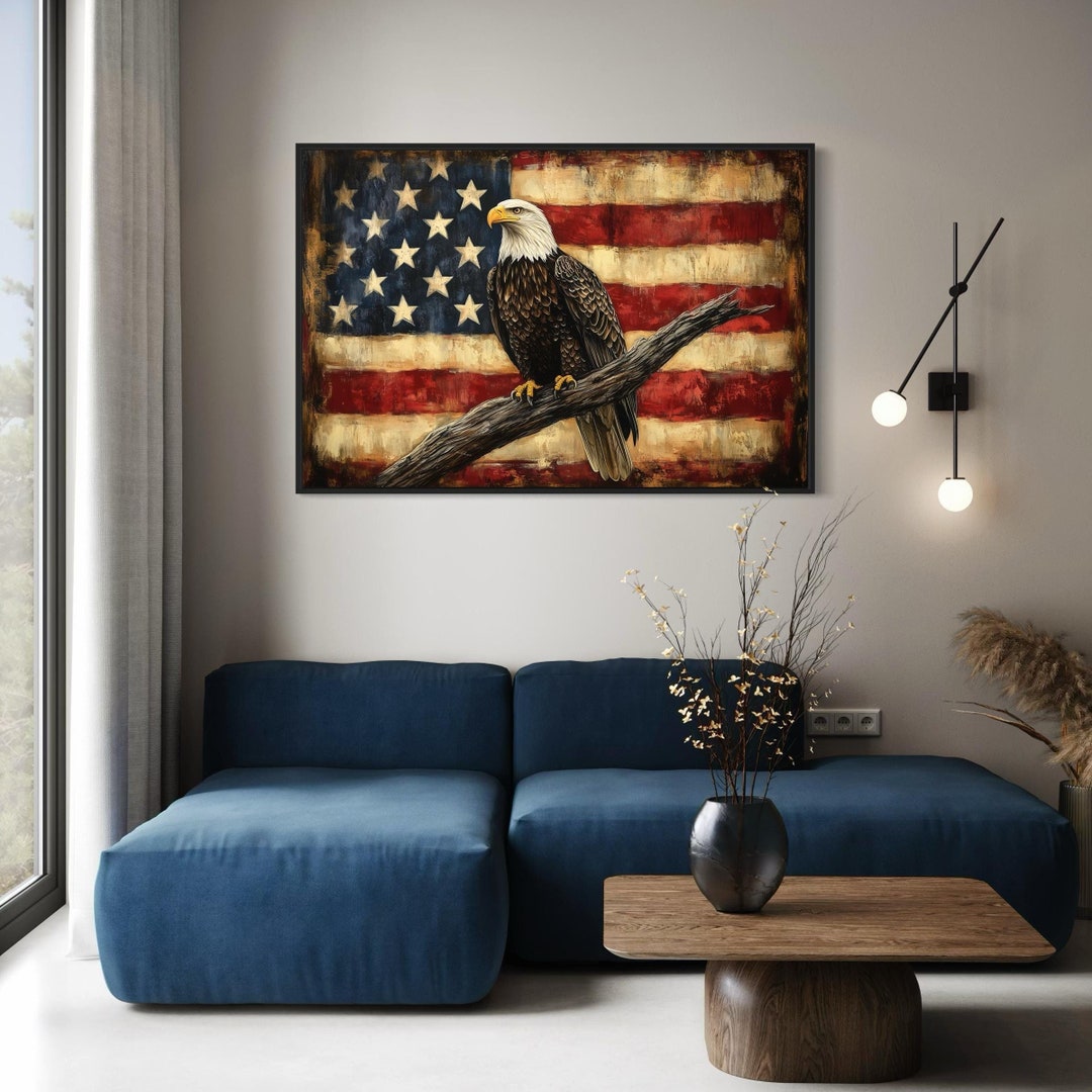 Patriotic USA Bald Eagle Bird Rustic Vintage American Flag Wall Art ...