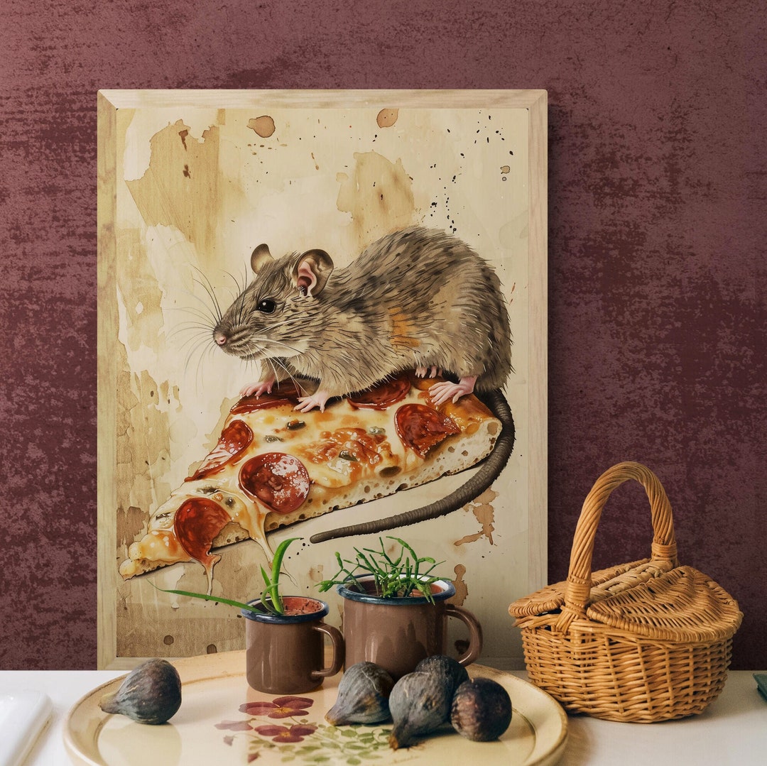 Funny NYC Meme Rat & Pepperoni Pizza Watercolor Illustration Adorable ...