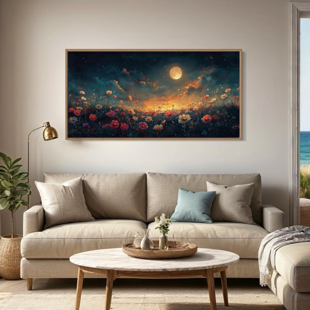 Ethereal Moon Flower Field Enchanting Night Sky Wildflower Meadow ...