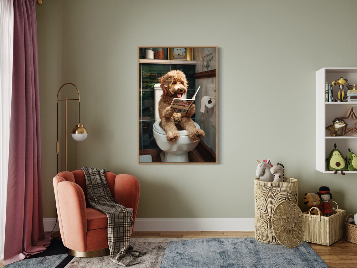 Cockapoo Reading on a Toilet Art Canvas, Dog Sitting on Toilet Wall Art ...