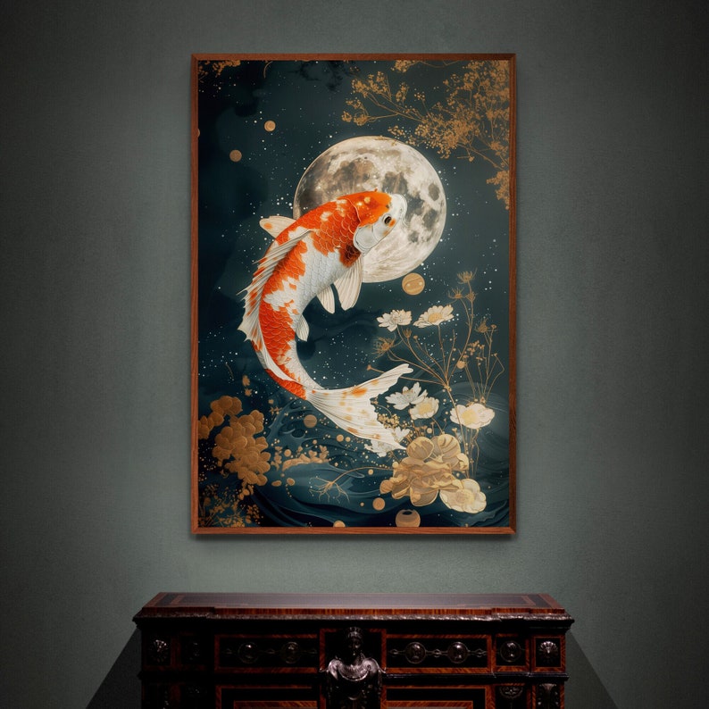Majestic Koi Fish With Celestial Full Moon and Star With Golden Florals ...
