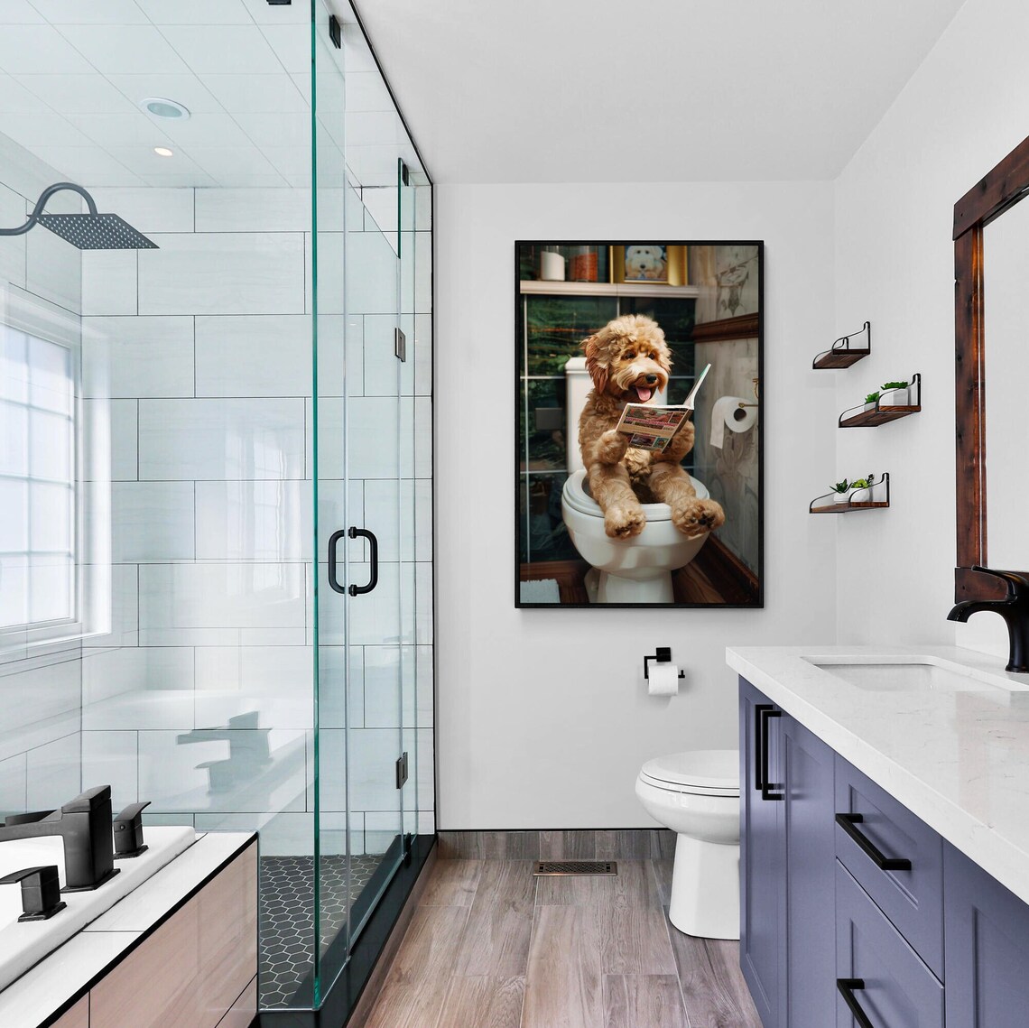 Cockapoo Reading on a Toilet Art Canvas, Dog Sitting on Toilet Wall Art ...