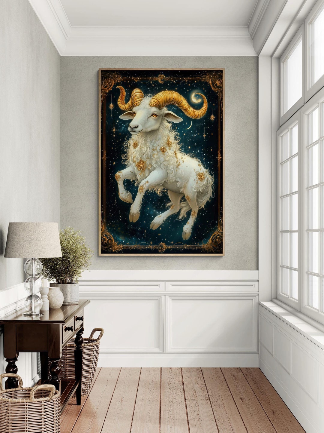 Elegant Starry Night Aries Zodiac Sign Whimsical Ram Golden Horns Wall ...