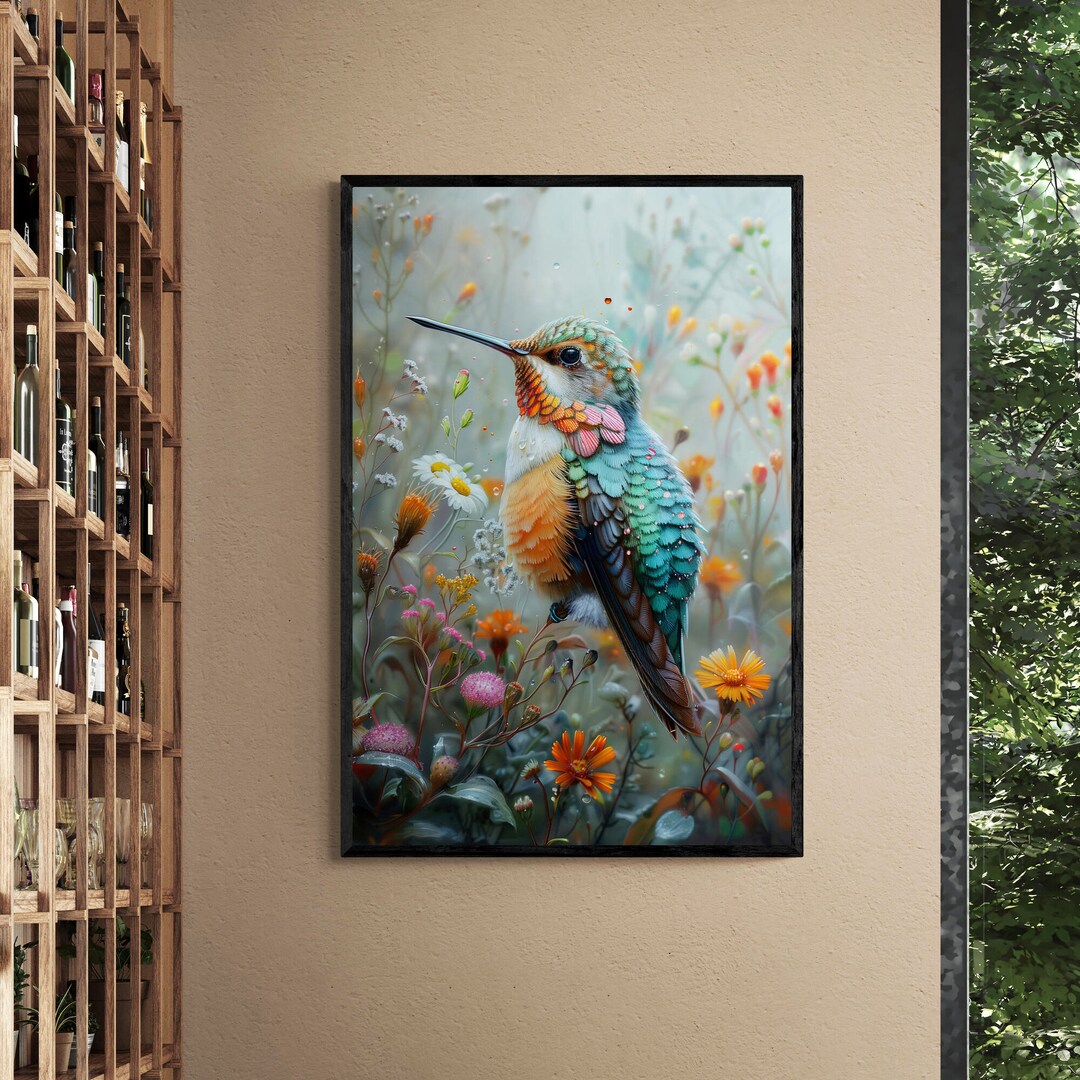 Peaceful Vibrant Hummingbird in A Wildflower Field Illustration High ...