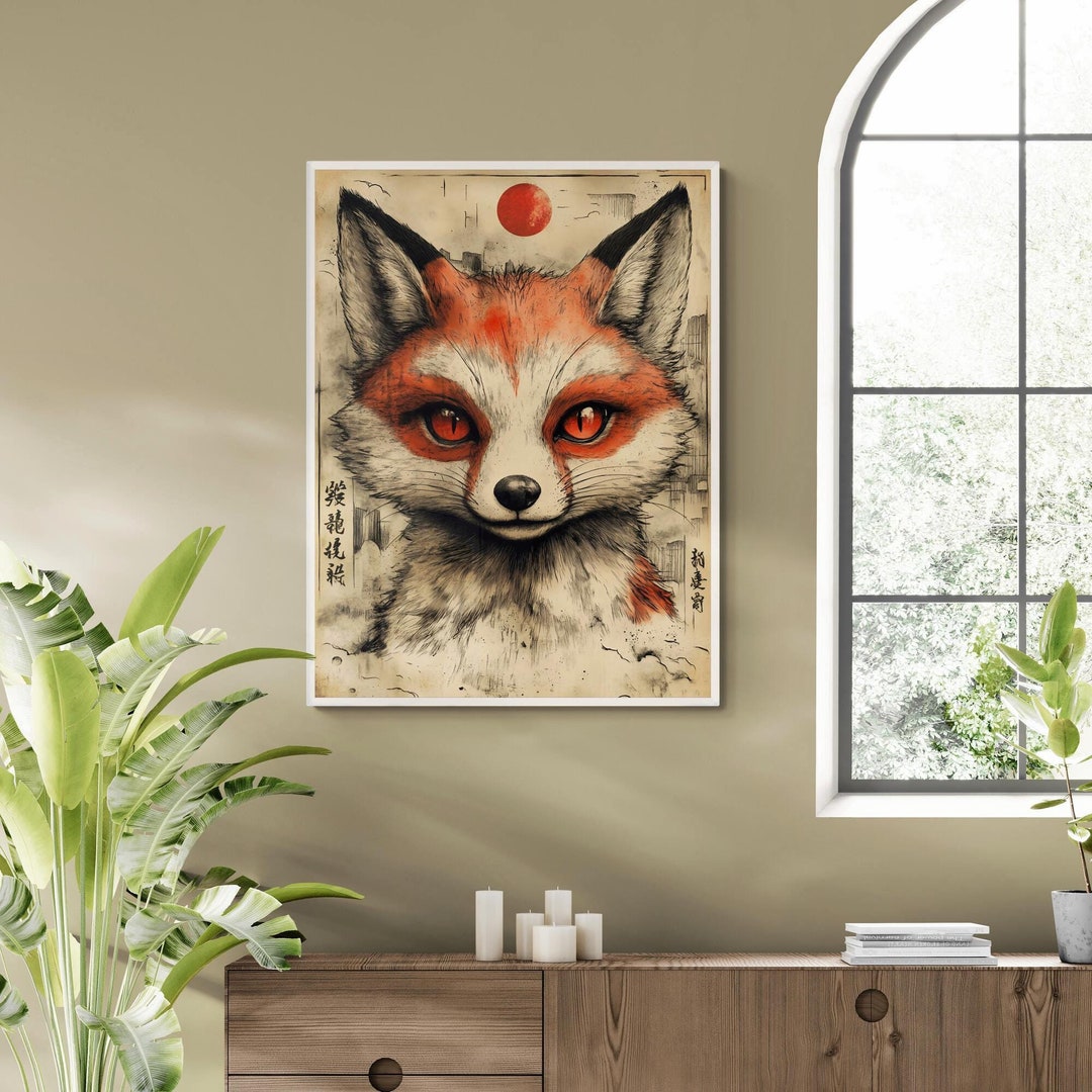Majestic Red Fox Manga Illustration Portrait Wall Art Canvas Decor With ...