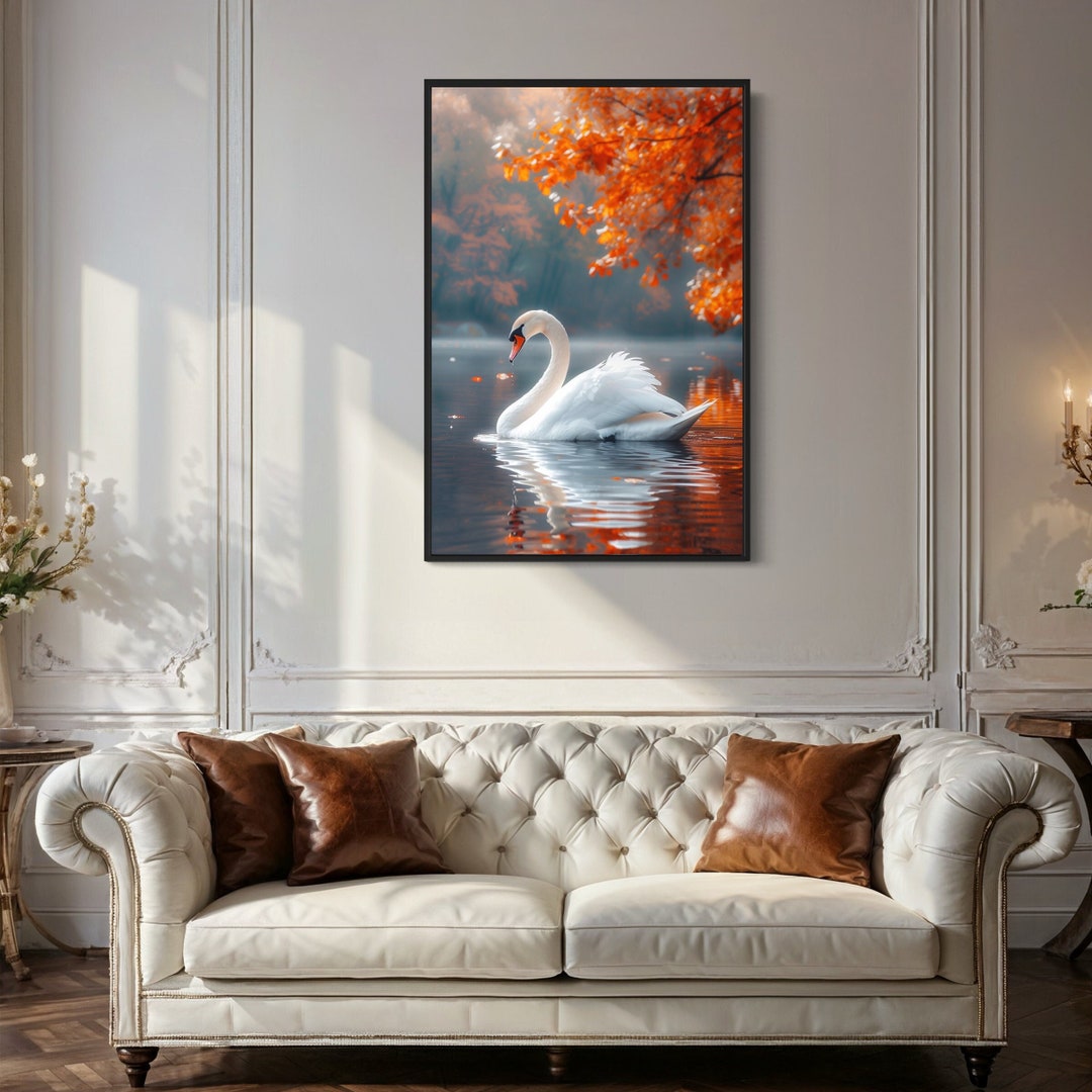 Elegant Majestic White Swan Peaceful on the Lake With Autumn Tree Water ...