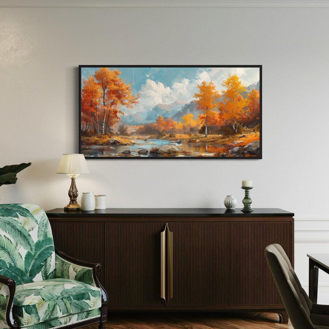 Fall River Nature Scenery With Mountain Landscape and Autumn Trees Oil ...